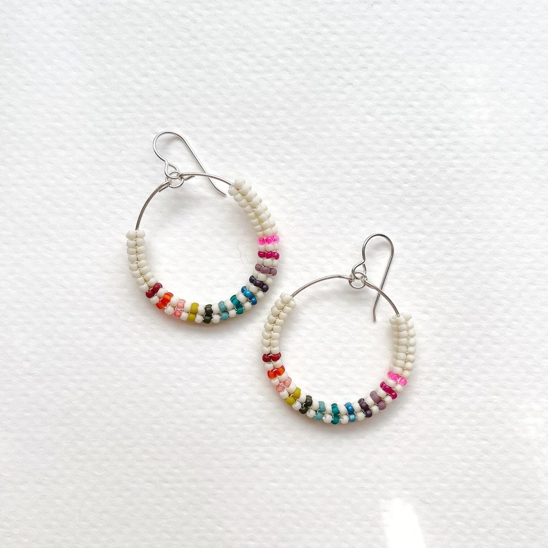 Large Rainbow Herringbone Circle Hoops - Handwoven Seed Bead Earrings ...