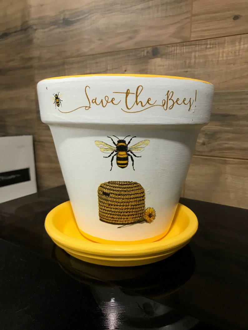 Bee Decoupage Hand Painted Terracota Plant Pot | Etsy