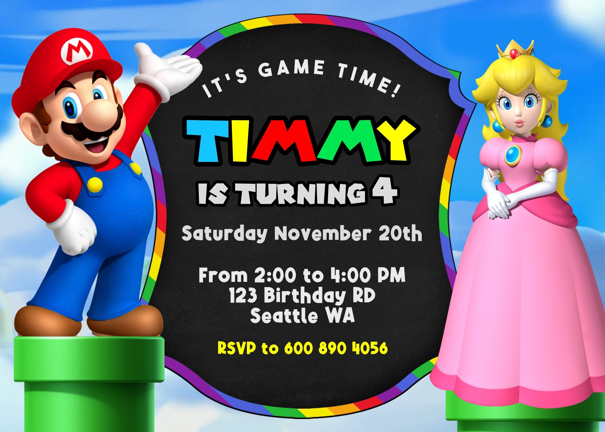 Super Mario Bros Invitación de cumpleaños digital Mario Peach | Etsy