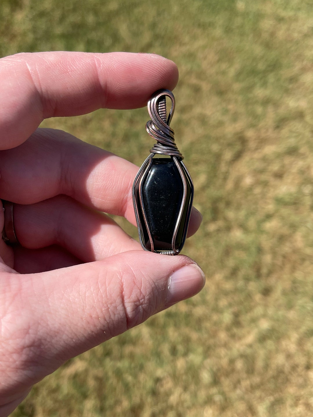 Obsidian Wire Wrapped Coffin Pendant in Antiqued Copper - Etsy