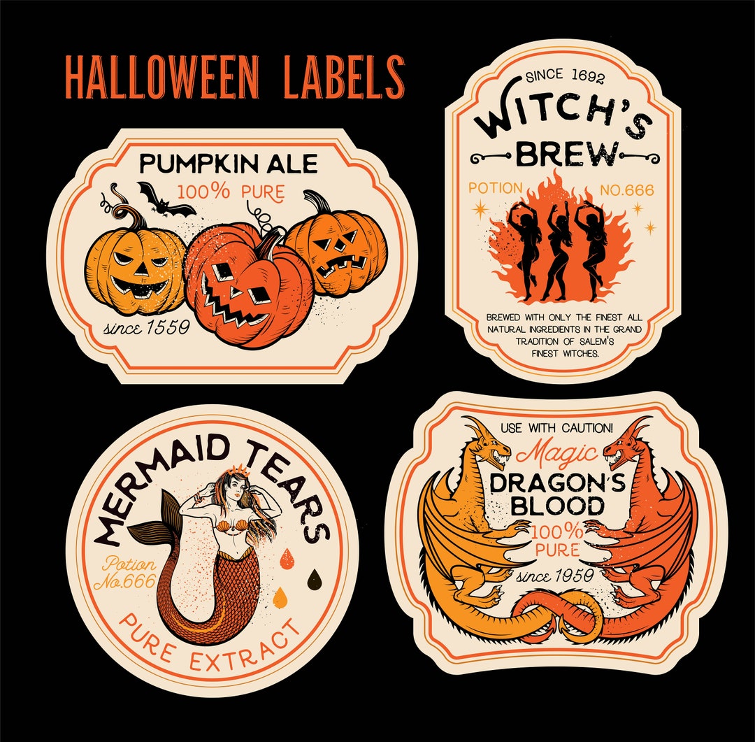 Set of 12 Halloween Bottle Label Stickers, Funny & Spooky, Drinks ...