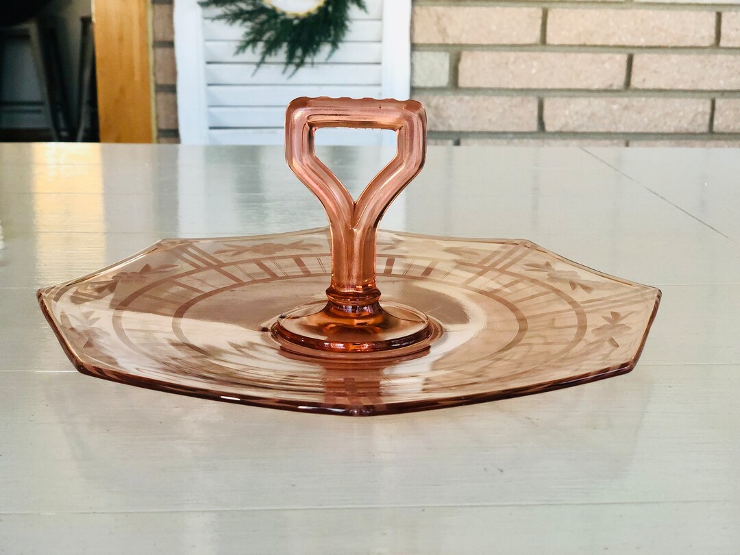 Vintage Pink Glass Serving Dish With Center Handle - Etsy