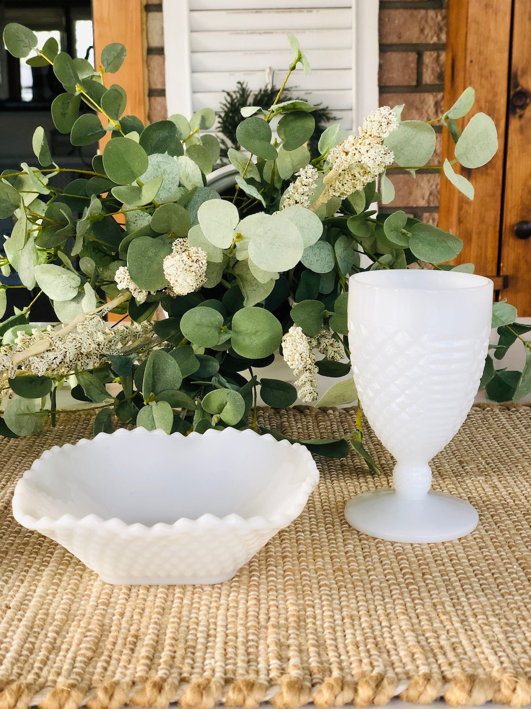 Vintage White Milk Glass Diamond Pattern Goblet and Small Bowl (set of ...