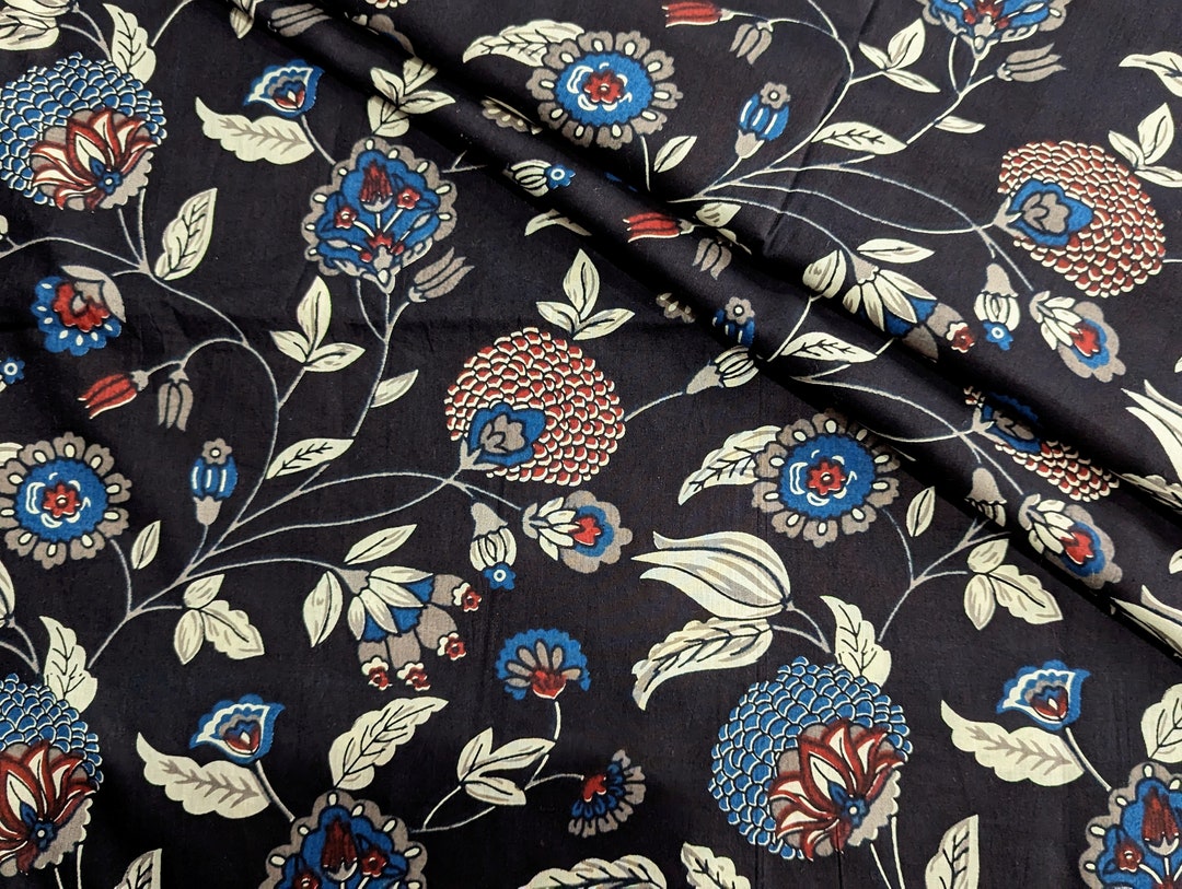 Black Floral Kalamkari Batik Ikat Print Jaipur Hand Block Print Fabric ...