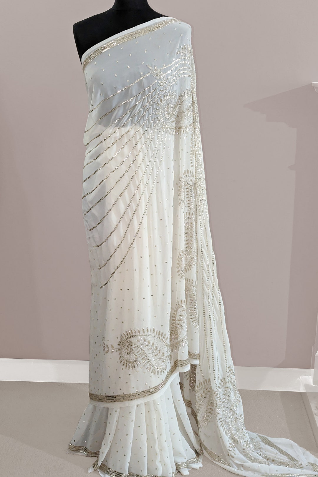 Ivory White Georgette Saree: Handwork Rhinestone Sequin, Party Cocktail ...