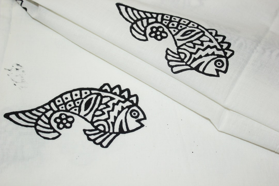 White Base Black Fish Batik Ikat Print Jaipur Hand Block Print Fabric ...