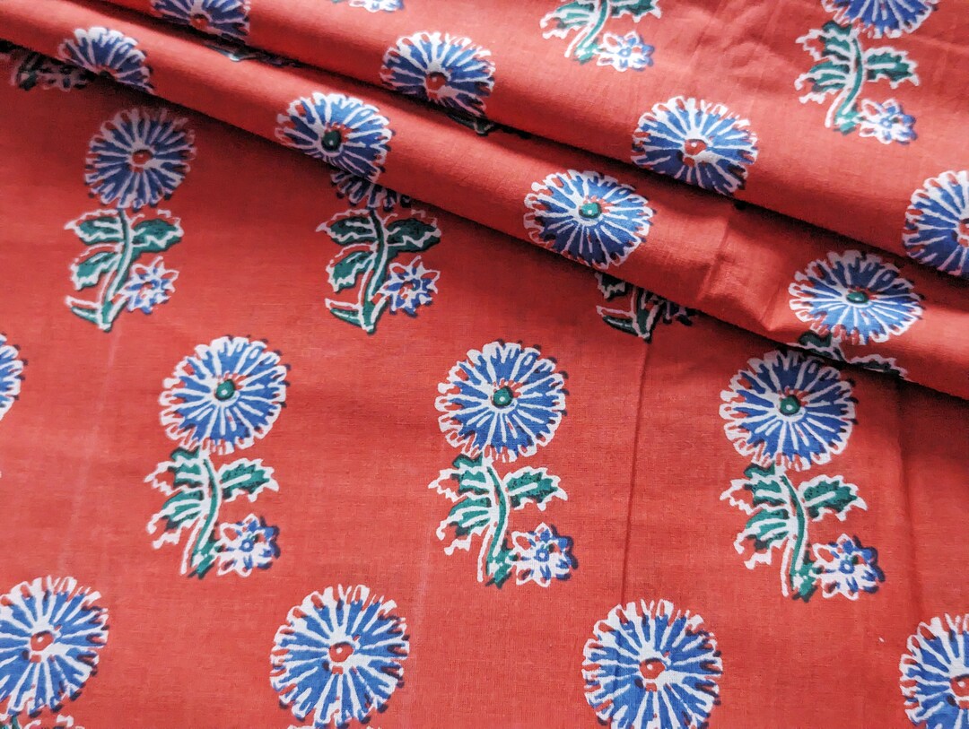Coral Brick, Blue Floral Batik Ikat Print Jaipur Hand Block Print ...