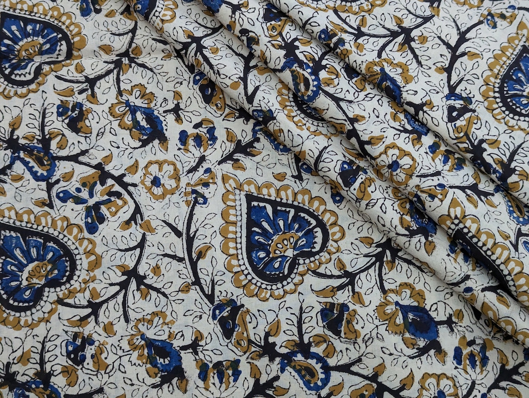 Beige, Blue Floral, Kalamkari Batik Print Jaipur Hand Block Print ...