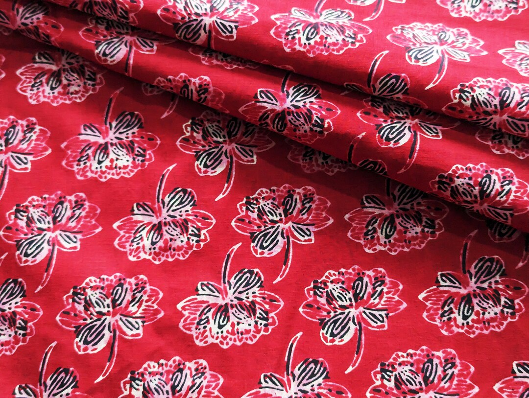 Red Floral Batik Cotton Fabric: Jaipur Hand Block Print - Etsy