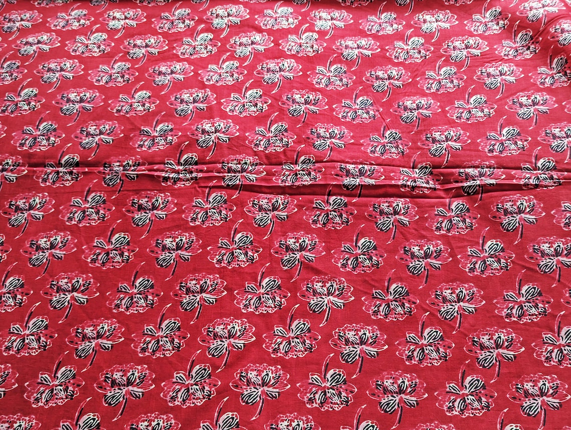 Red Floral Batik Cotton Fabric: Jaipur Hand Block Print - Etsy