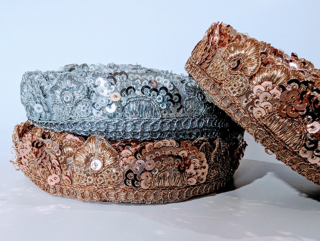 Rose Gold, Silver Floral Cut Work Lace With Sequin, Zardozi Thread Work ...
