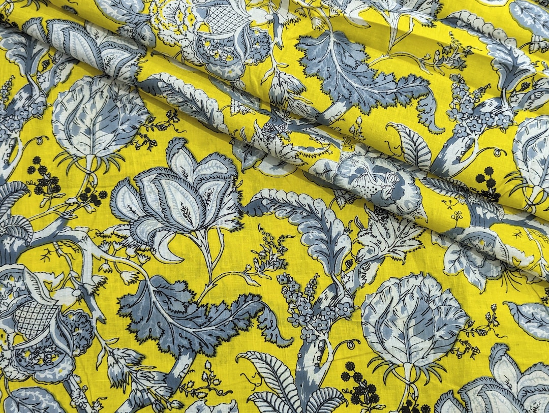 Yellow Grey Large Floral Batik Ikat Print Jaipur Hand Block Print ...