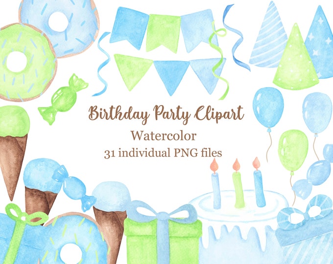 Party Clipart Bundle, PNG Graphic Digital Download Watercolor Blue ...