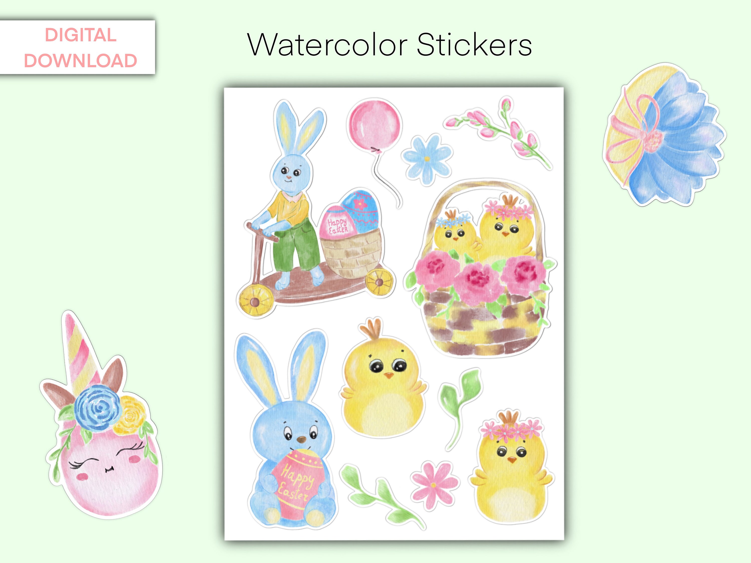 Watercolor Easter Clipart, Watercolor Stickers, Easter Stickers, Easter ...