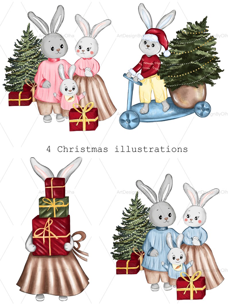 Watercolor Christmas Clipart Bunny, Watercolor Christmas Wreath Clipart ...