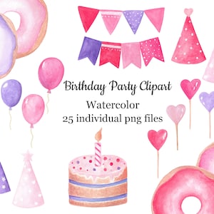 Watercolor Birthday Party Clipart, Party Clipart, Balloon, Cake, Party ...