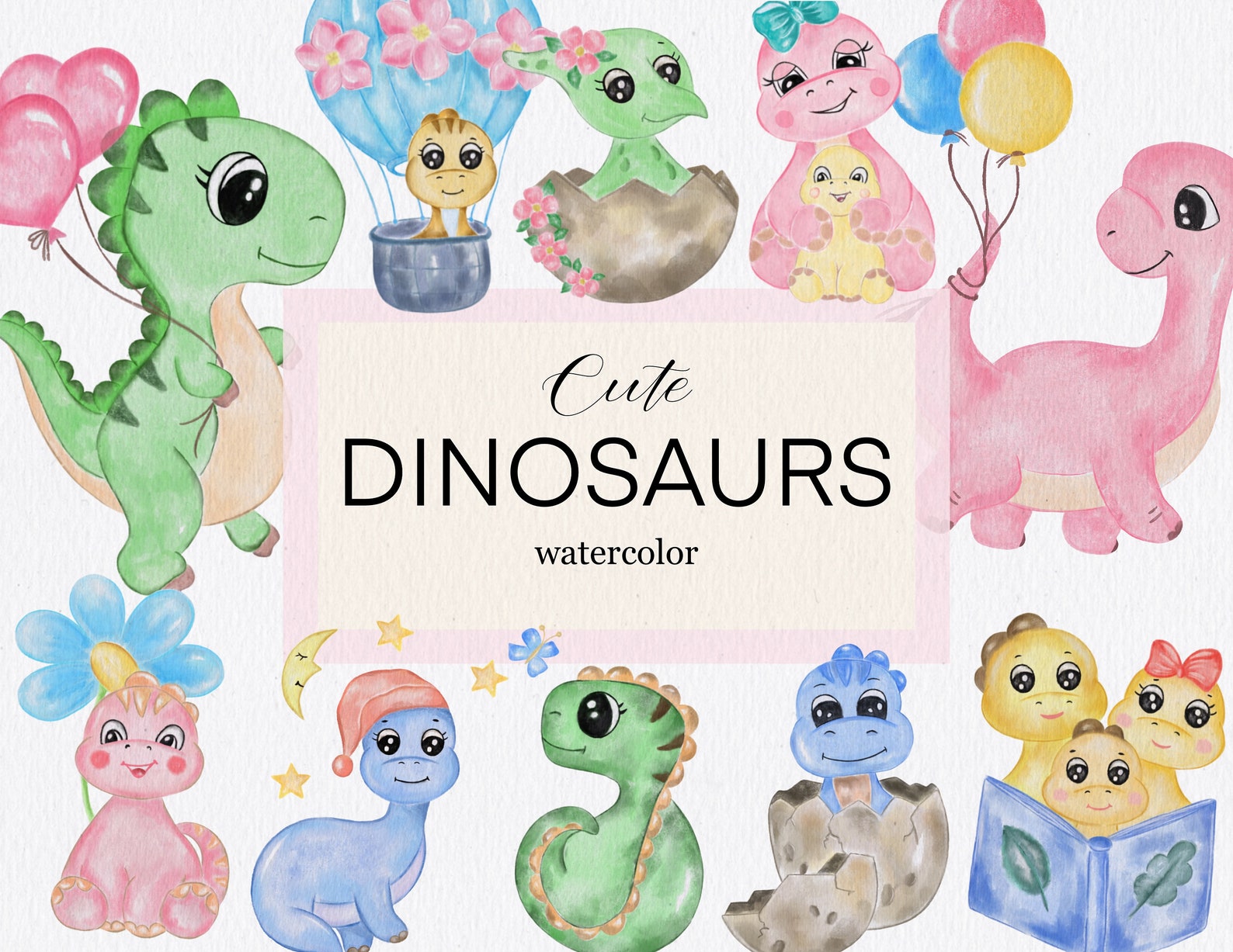 Watercolor Dinosaur Clipart, Cute Dinosaur Clipart, Baby Dino Clipart ...