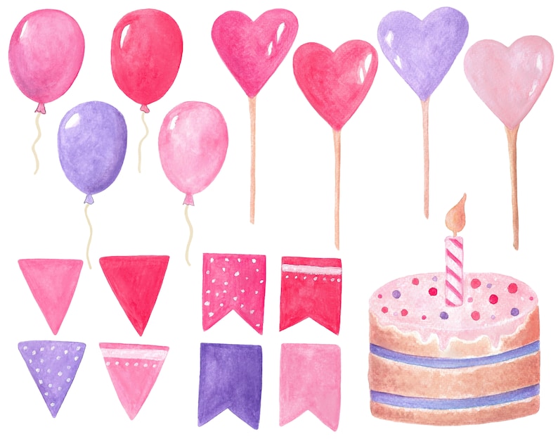 Watercolor Birthday Party Clipart, Party Clipart, Balloon, Cake, Party ...