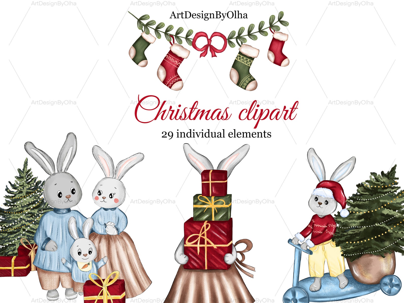 Watercolor Christmas Clipart Bunny, Watercolor Christmas Wreath Clipart ...
