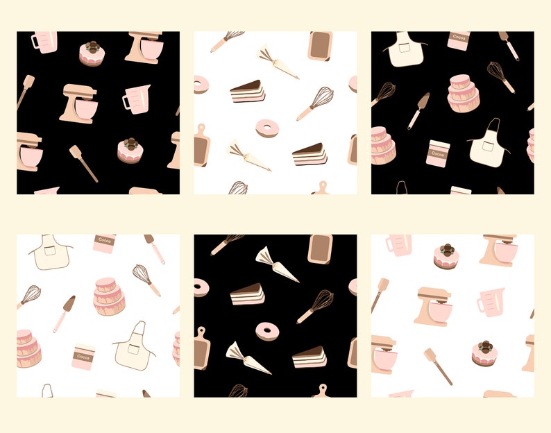 Bakery Digital Paper, Kitchen Supplies Seamless Pattern, Baking Digital ...