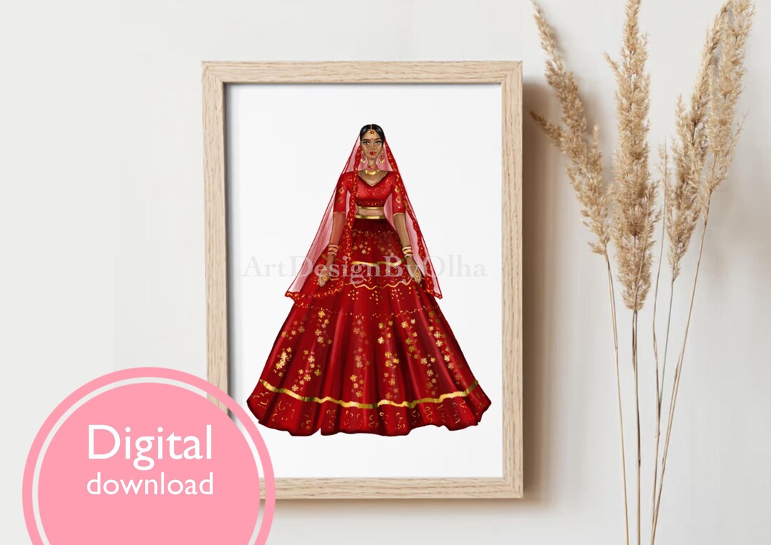 Indian Bride Fashion Illustration, Digital Artwork, Wedding Dress ...