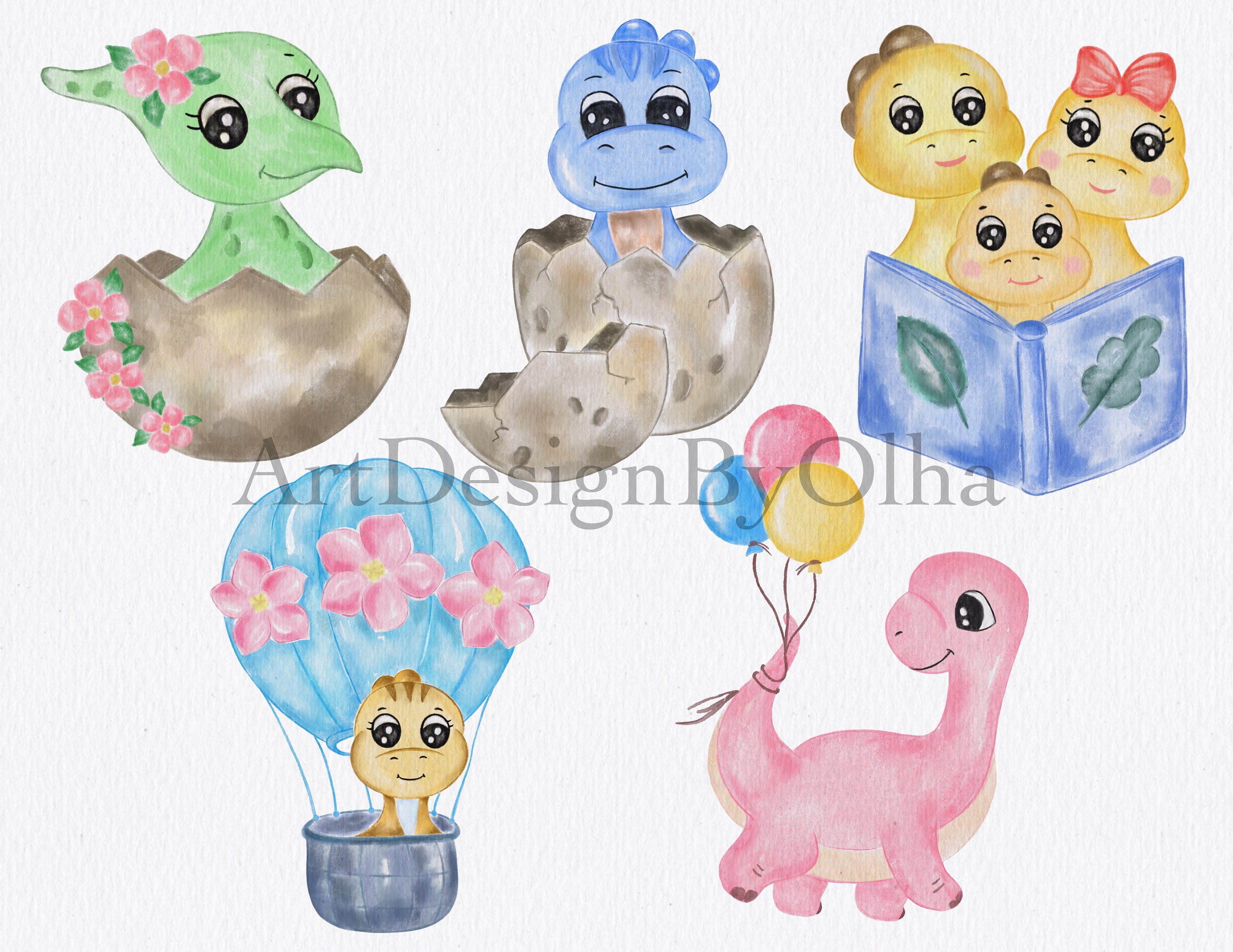Watercolor Dinosaur Clipart, Cute Dinosaur Clipart, Baby Dino Clipart ...