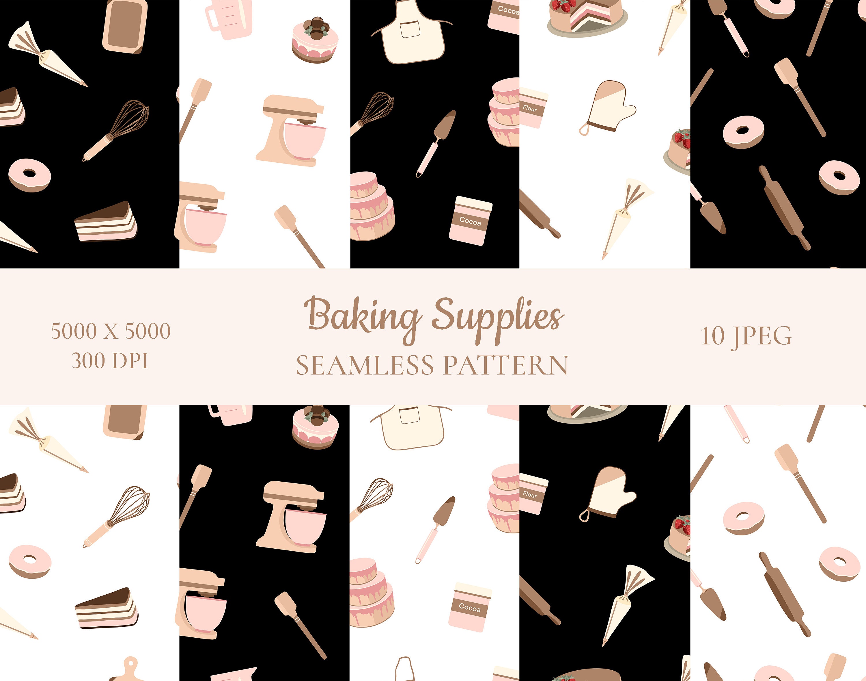 Bakery Digital Paper, Kitchen Supplies Seamless Pattern, Baking Digital ...