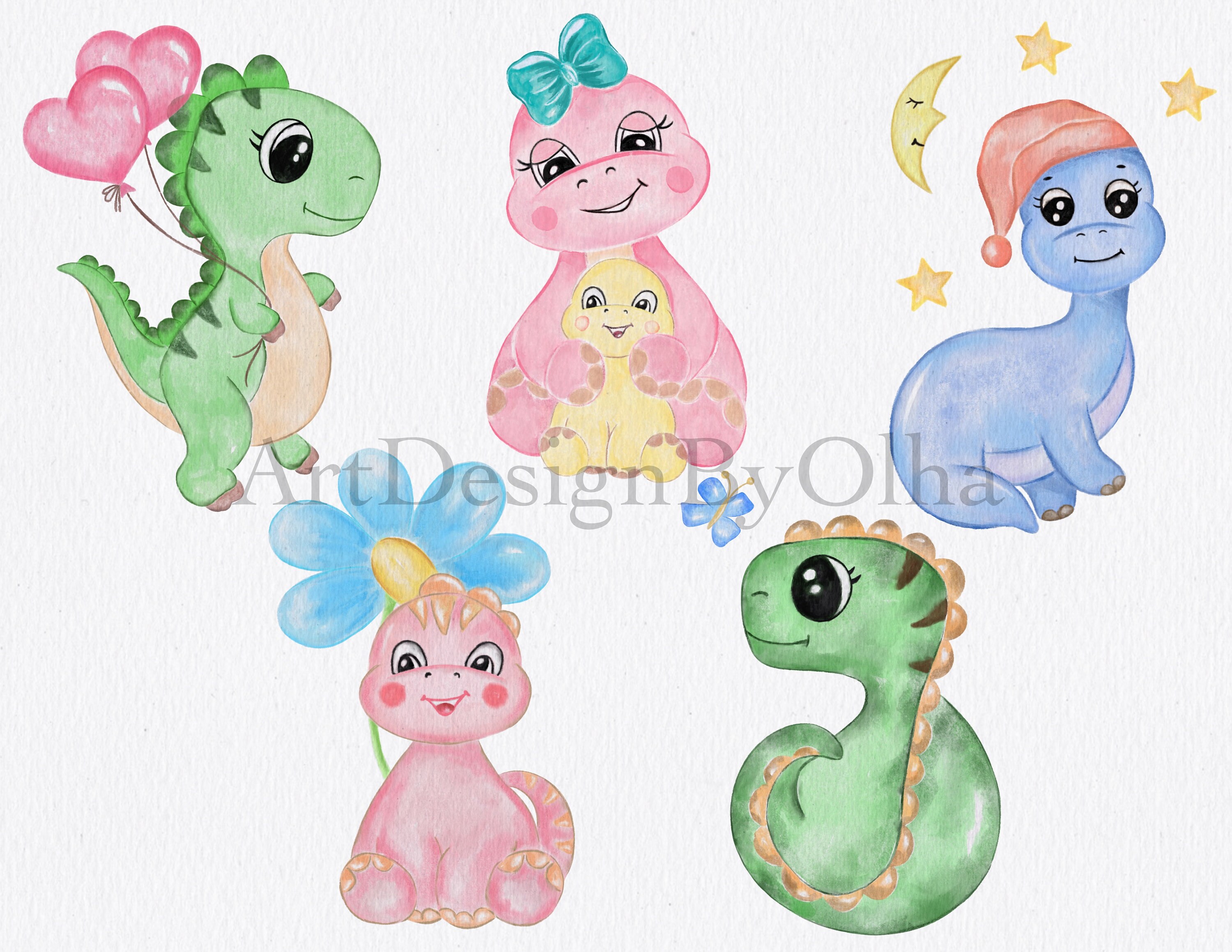 Watercolor Dinosaur Clipart, Cute Dinosaur Clipart, Baby Dino Clipart ...