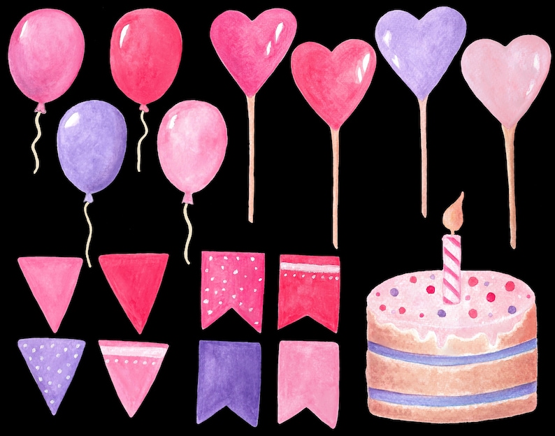 Watercolor Birthday Party Clipart, Party Clipart, Balloon, Cake, Party ...