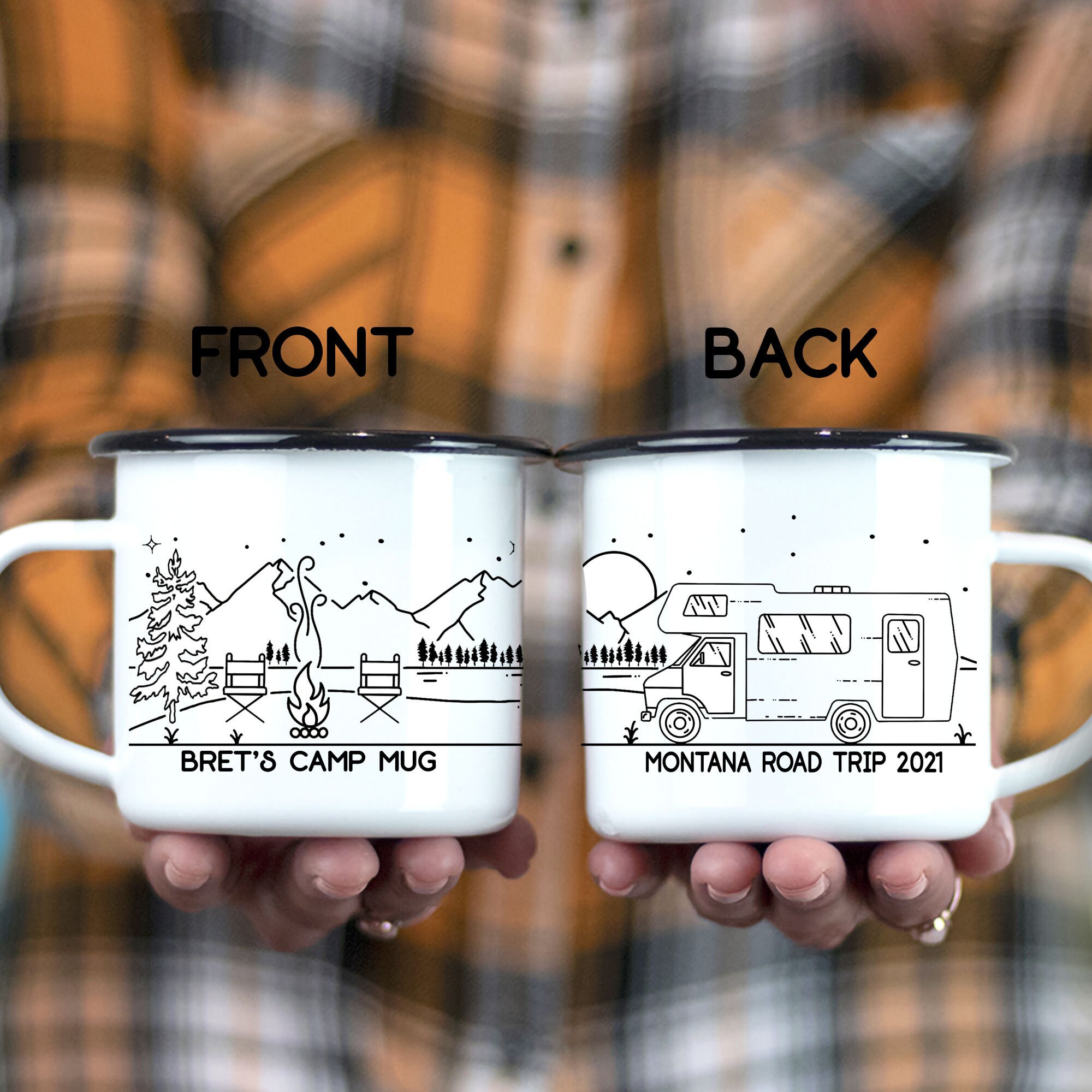 RV Adventure Couples Camp Mug, Personalized Enamel Campfire Cup, Custom ...