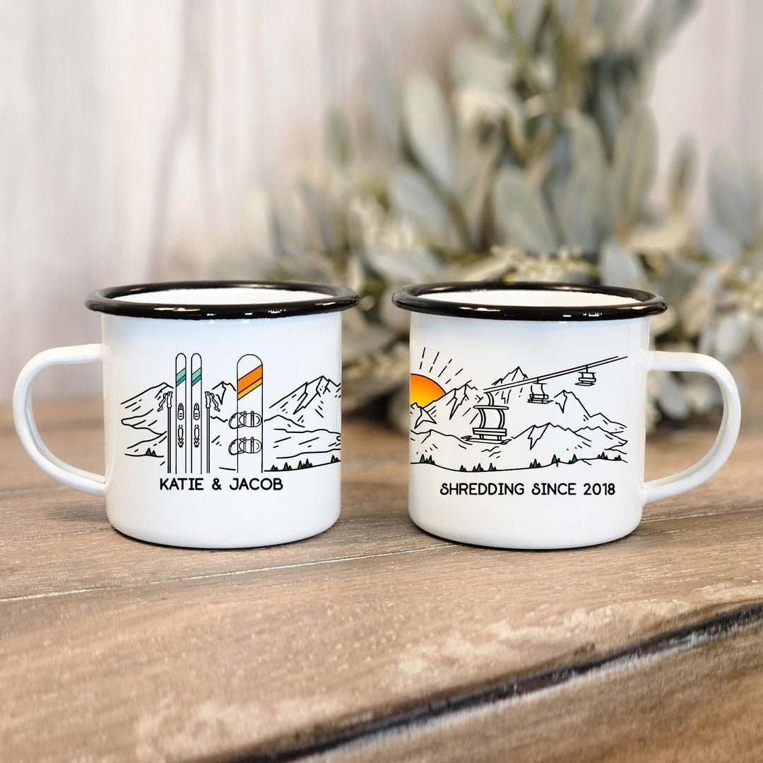 Personalized Ski or Snowboard Mug, Custom Couples Skiing Gift, Downhill ...