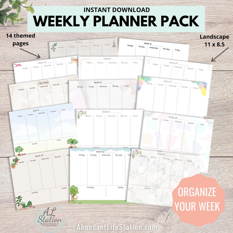 Weekly Planner Printable, Landscape, Week at a Glance, Weekly Agenda ...