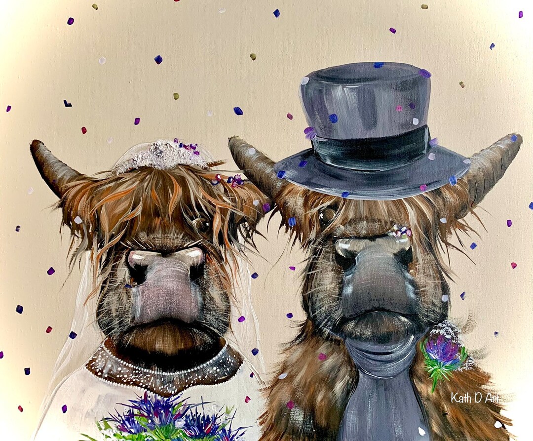 Highland Cow Wedding Couple Mounted Print - Etsy