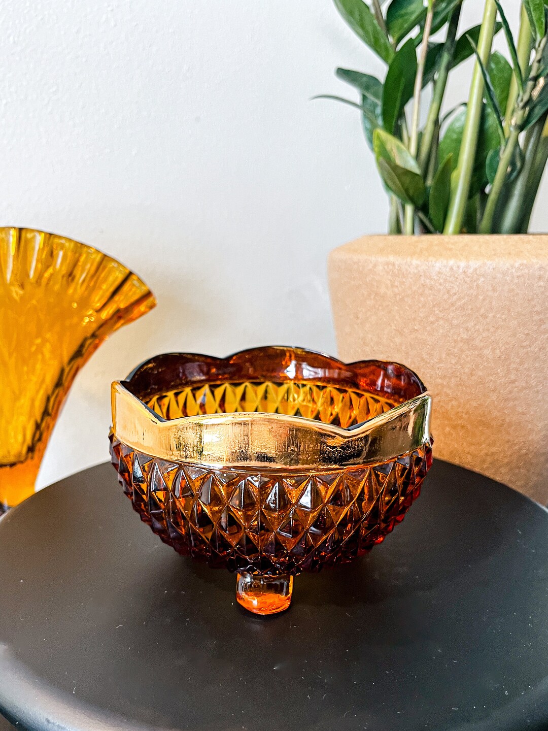 Indiana Glass Amber Tiara Diamond Pointe Gold Rim Pedestal Bowl - Etsy
