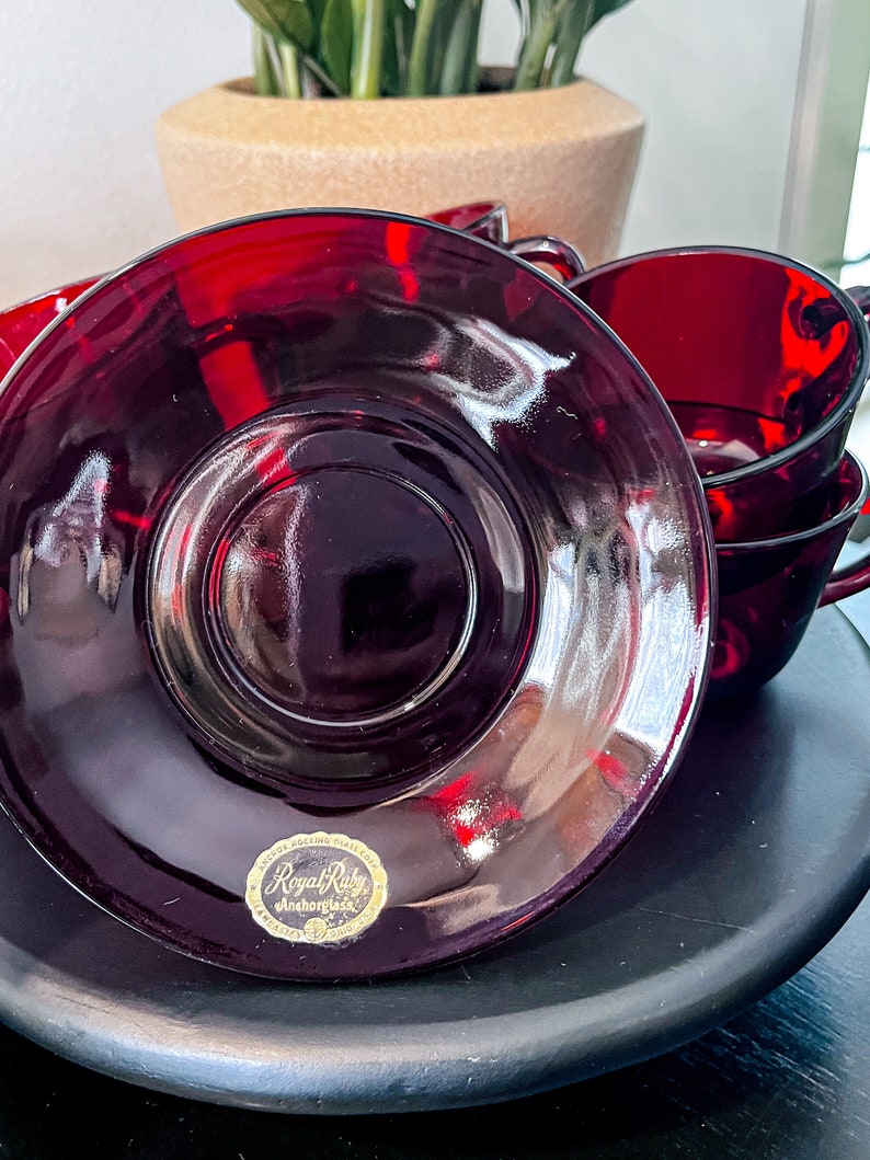 Anchor Hocking Royal Ruby Anchorglass Teacups and Saucers - Etsy
