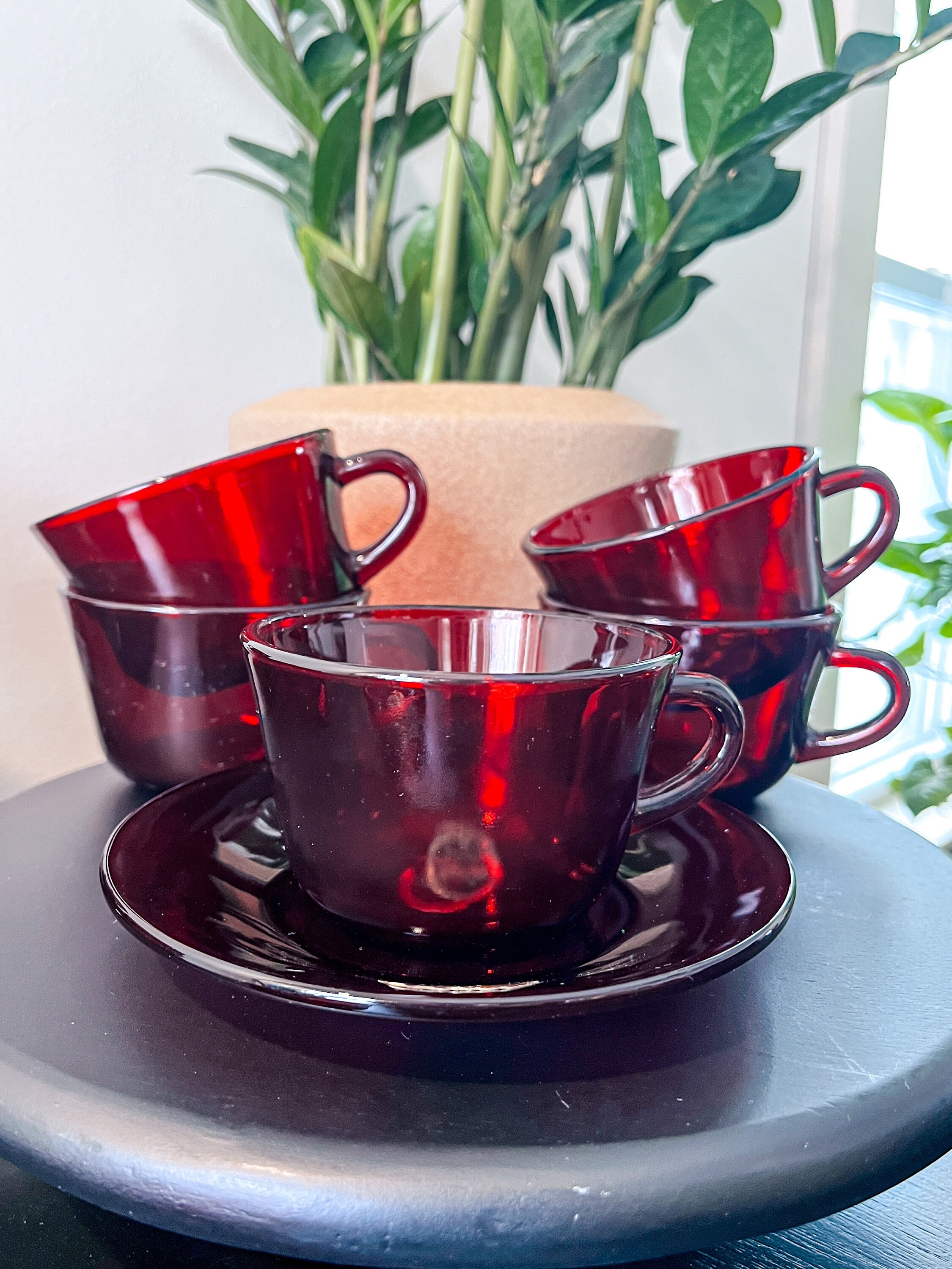 Anchor Hocking Royal Ruby Anchorglass Teacups and Saucers - Etsy