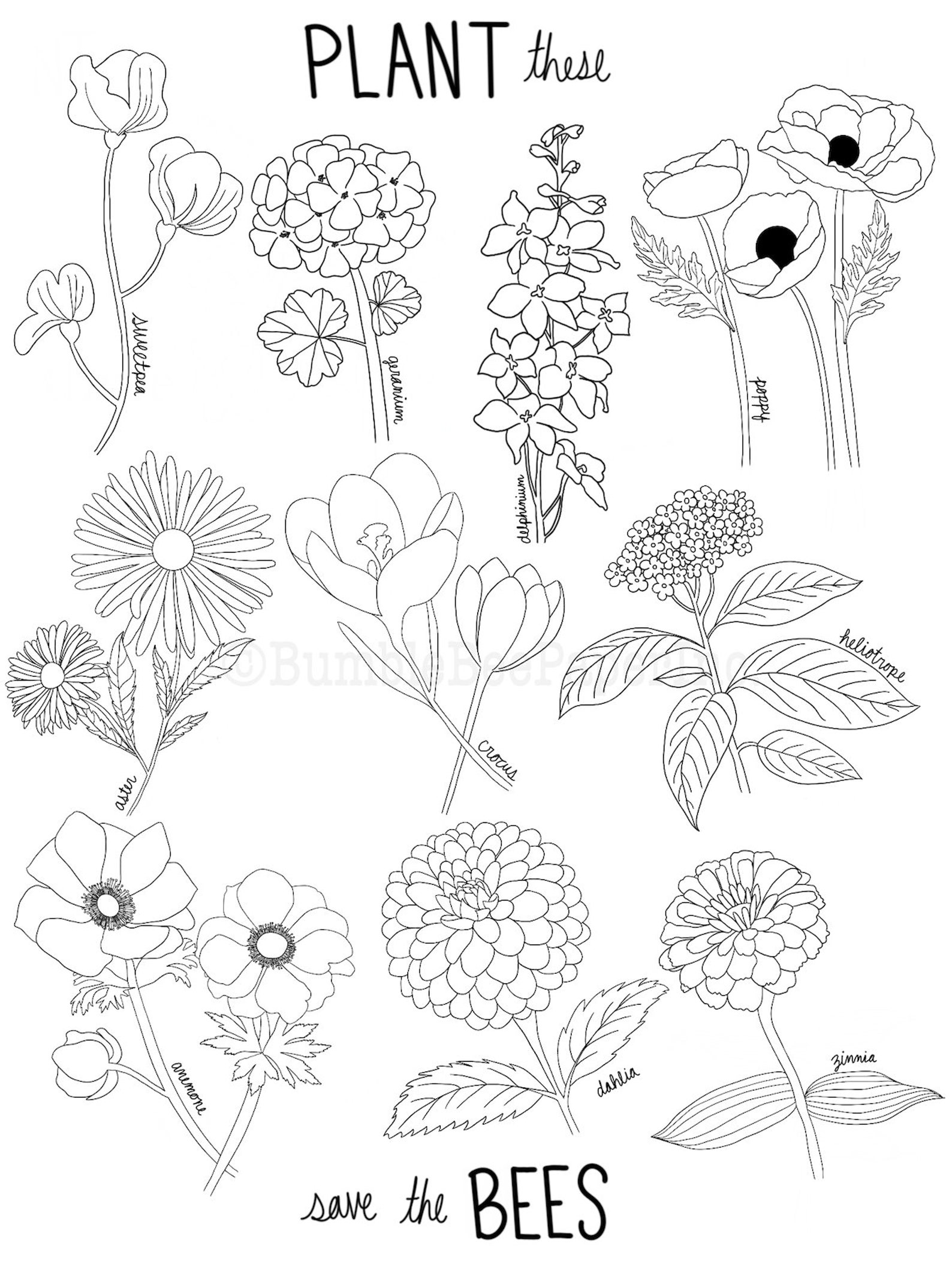 Plant These Save the Bees Coloring Page/wall Art - Etsy
