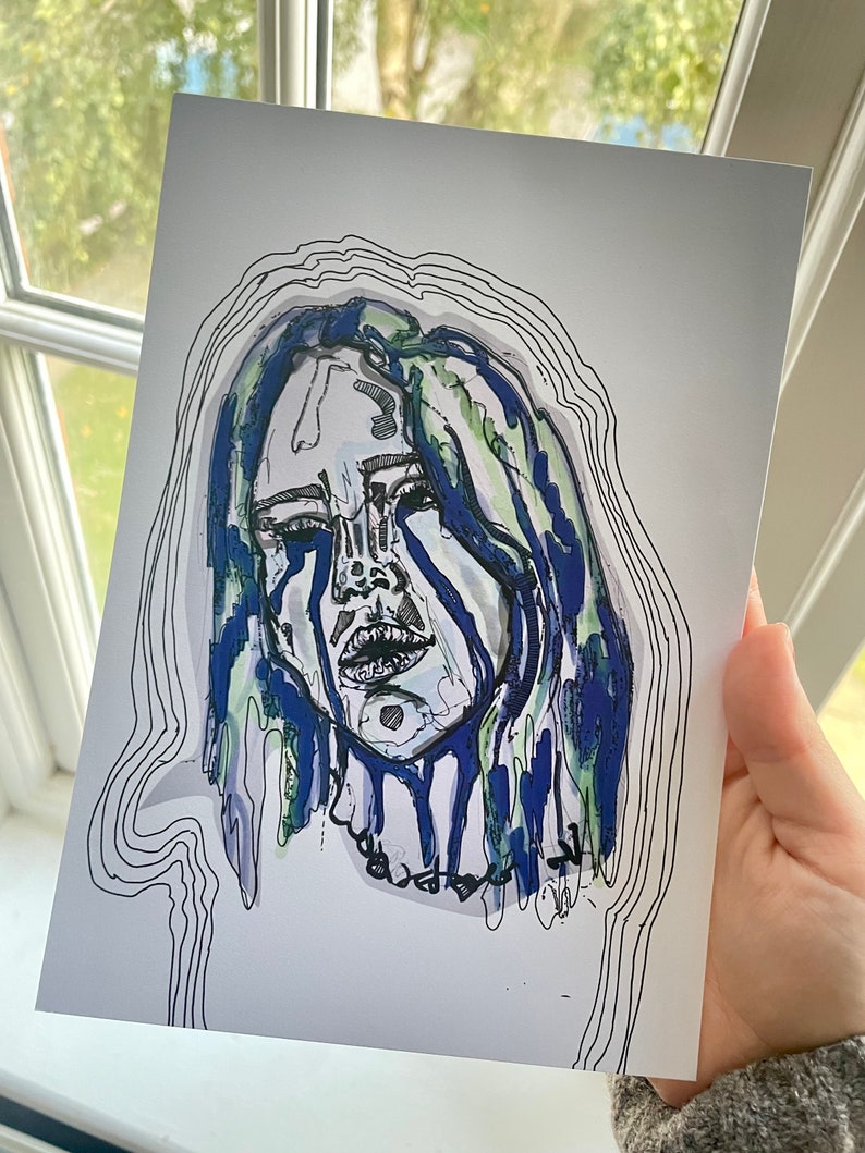 A5 Billie Eilish Art Print, Hand Drawn Digital Print, Abstract, Blue - Etsy
