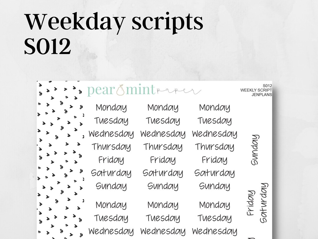 S012, WEEKDAY SCRIPT, Jenplans Font, Weekly Header, Weekday Header ...