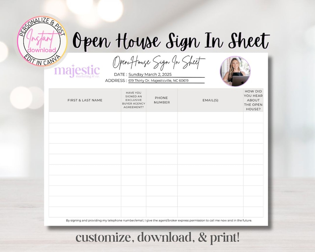 Open House Sign in Sheet Editable Canva Template & Pdfs, Real Estate ...