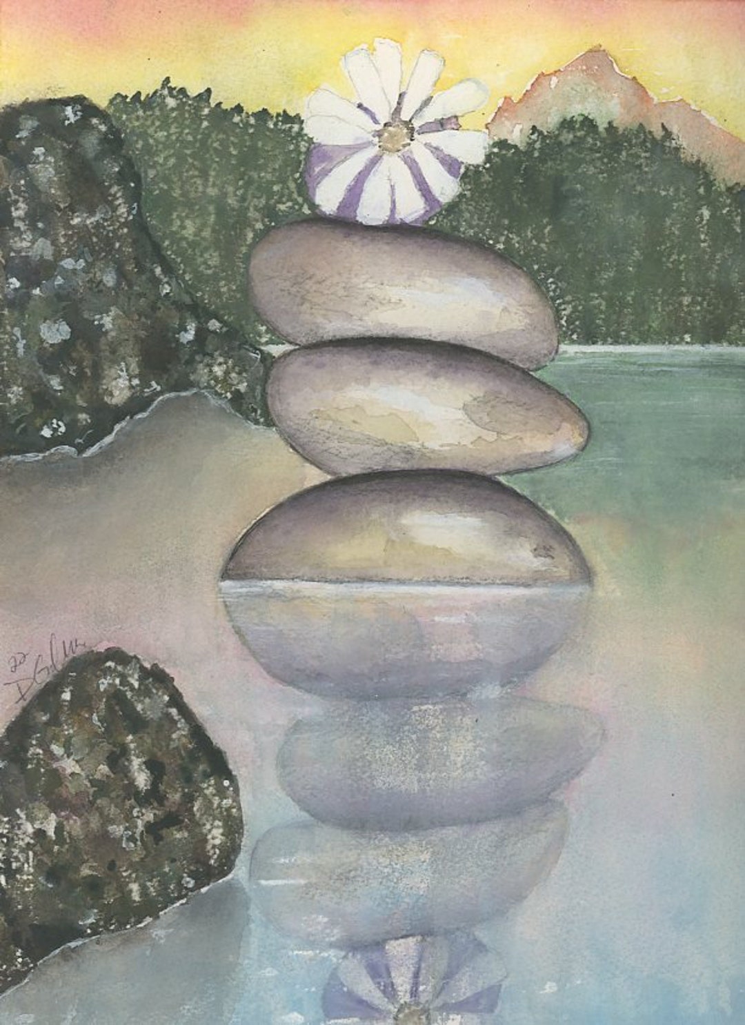 Stacked Rocks in a Lake With Flower; Zen Feeling Watercolor Painting on ...