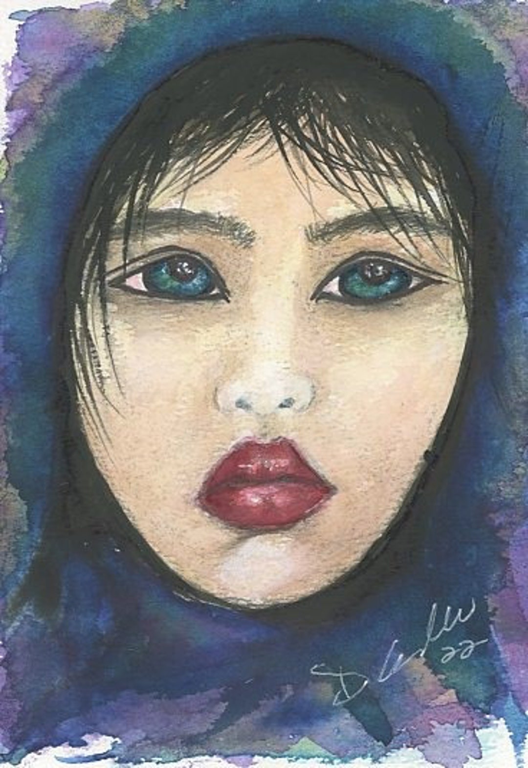 Sad Eyes Girl; Watercolor of a Girl With Sad Blue Eyes and Red Lips ...