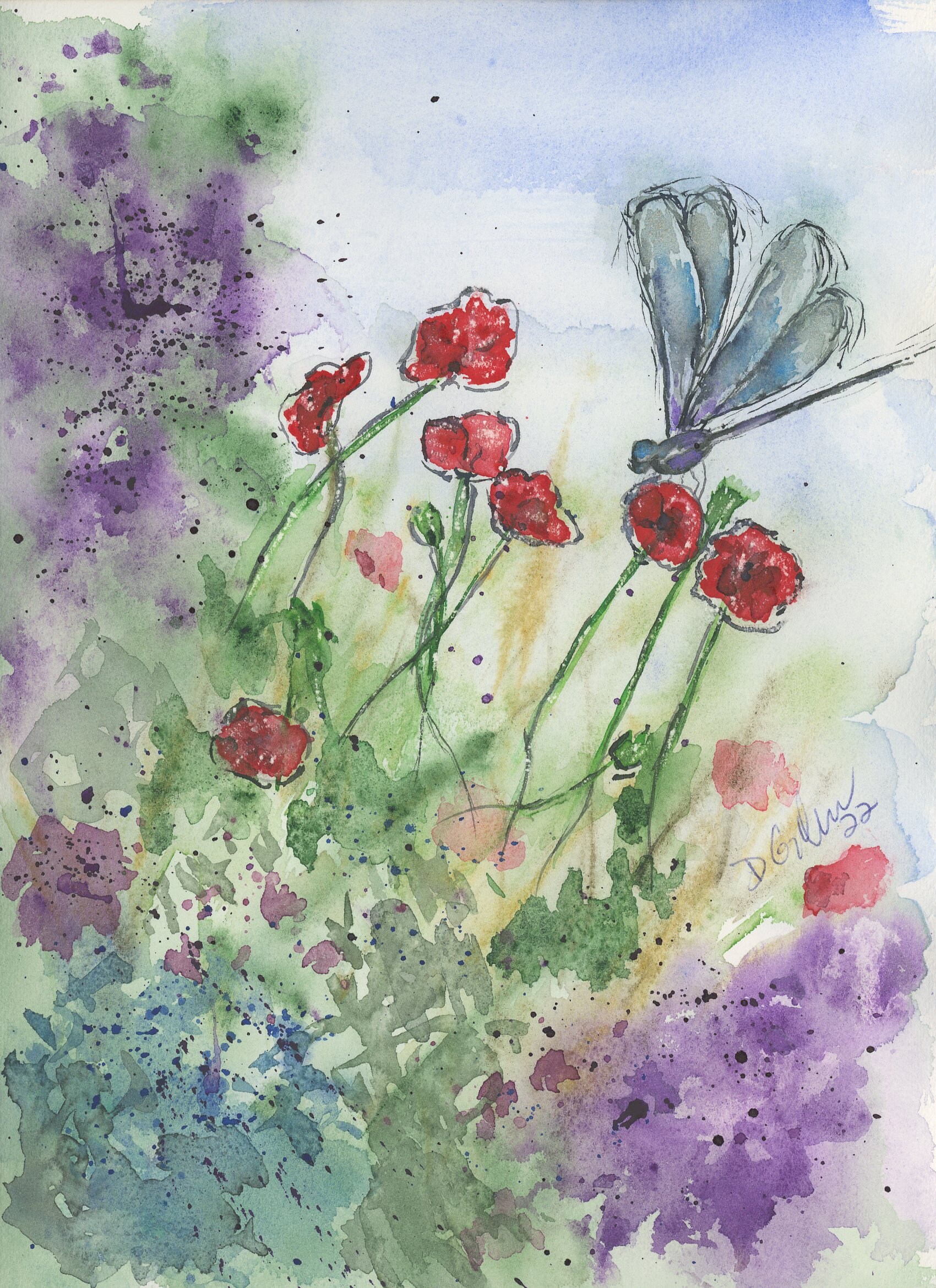 Dragonfly Flutter; Floral Watercolor Original Painting. Loose Style ...