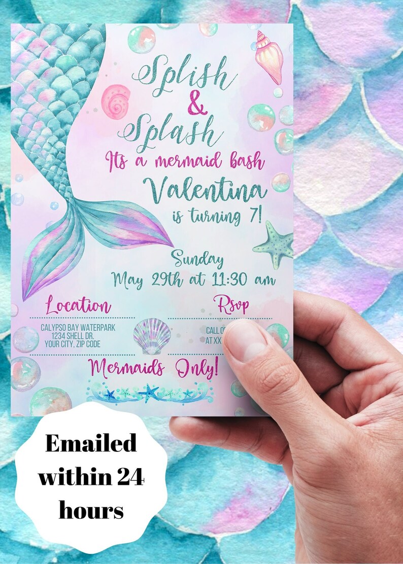 CUSTOM WATERCOLOR Mermaid Splish Splash Invitation Digital Invitation ...