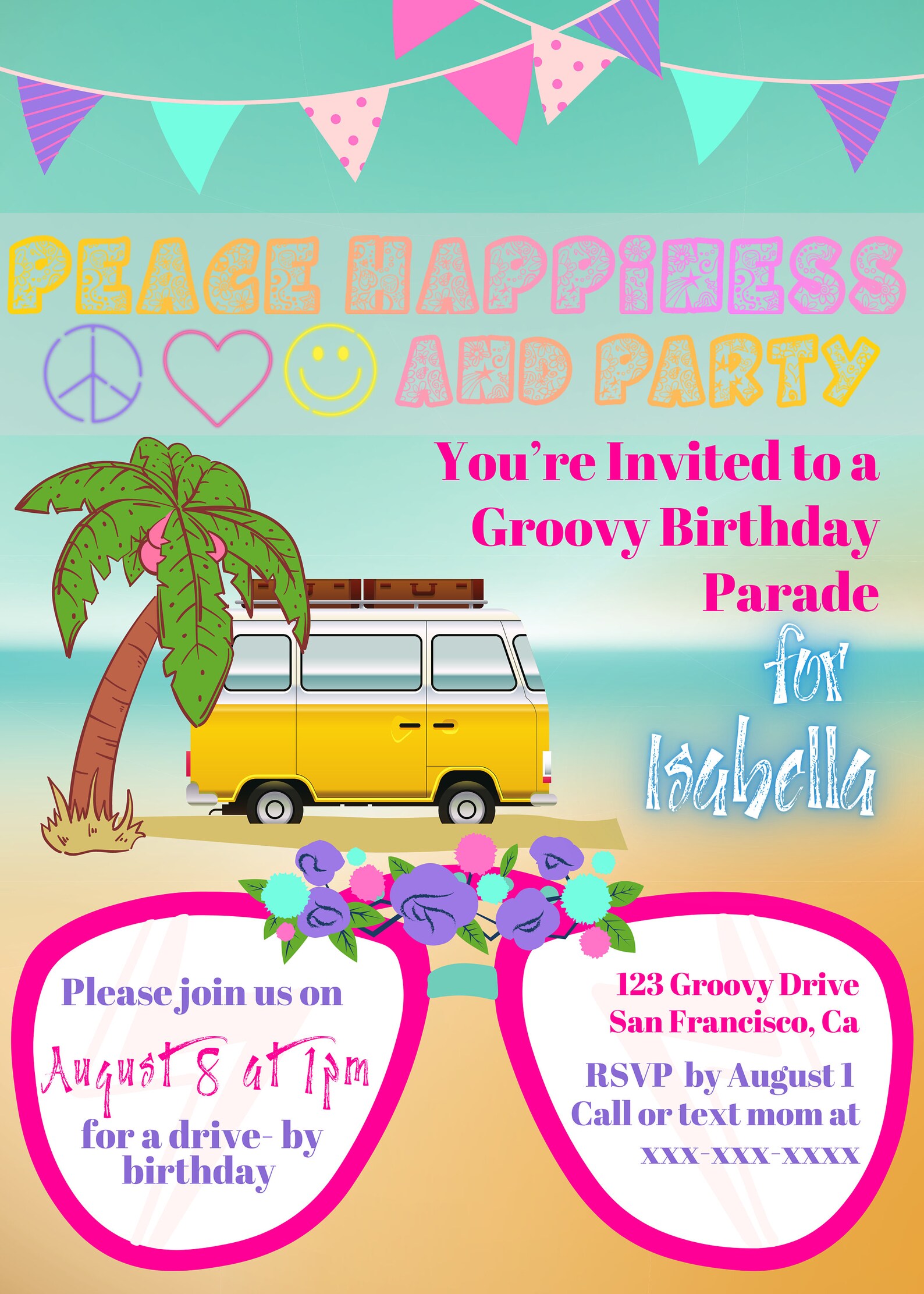 Groovy Birthday Teen Boho Beach Bum Digital Birthday Invitation With ...