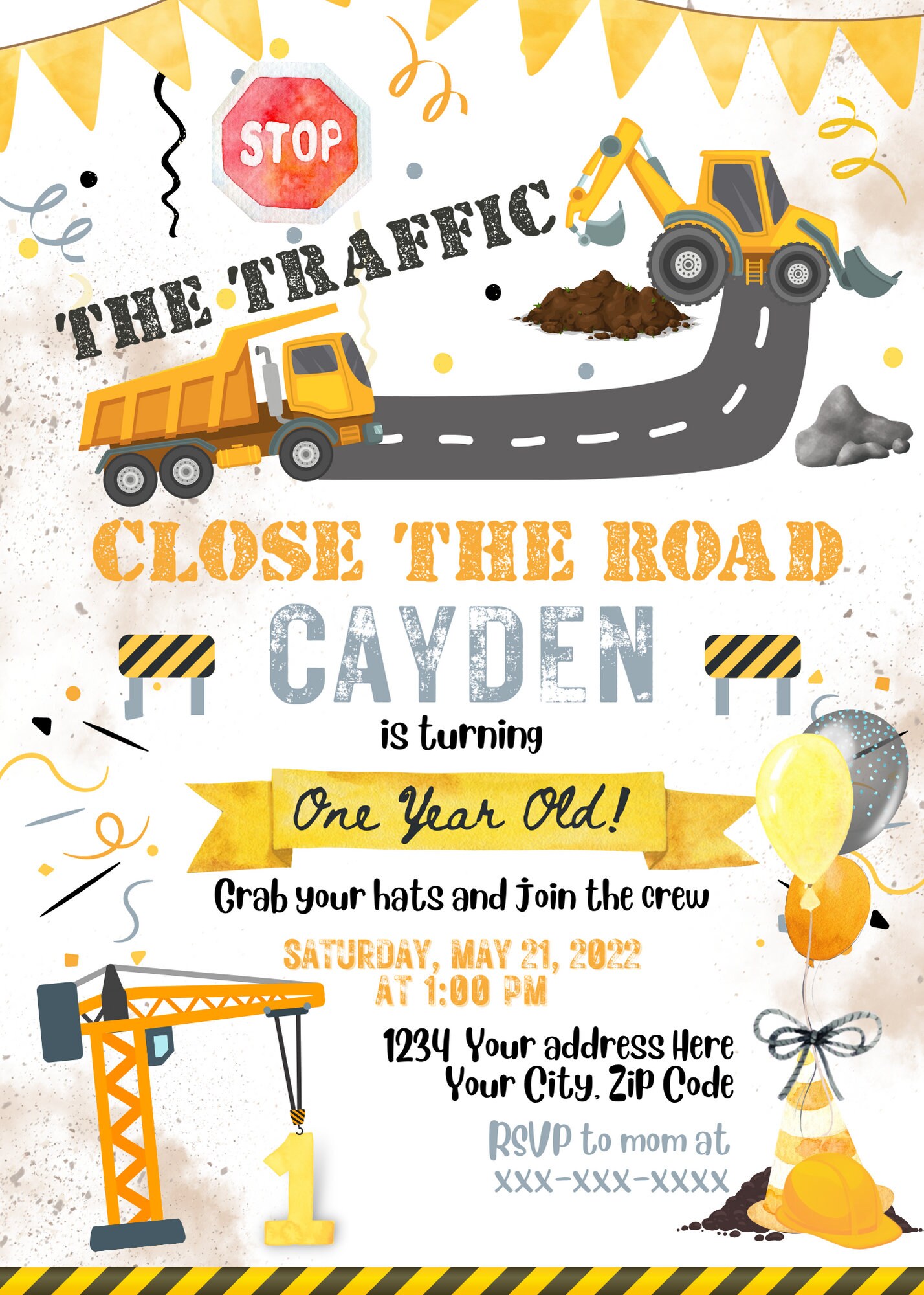 Cute Construction Birthday Design Digital Invitation - Etsy