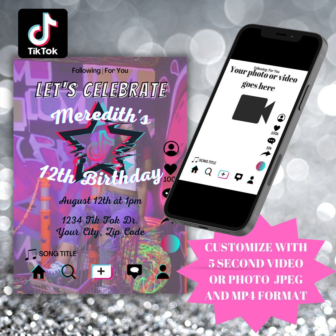 Tik Tok Birthday Invitation VIDEO PHOTO CUSTOM Card MP4 Digital ...
