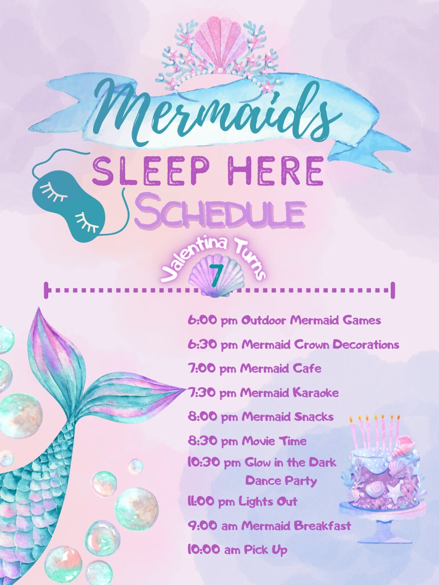 Mermaid Sleepover Slumber Party Schedule Digital Design or Printed ...