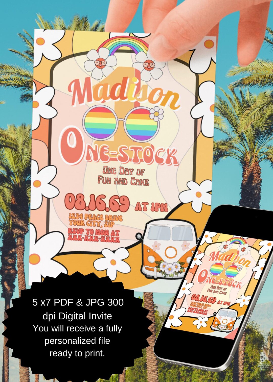 Onestock First Birthday Flower Power Preppy Digital Invite Woodstock ...