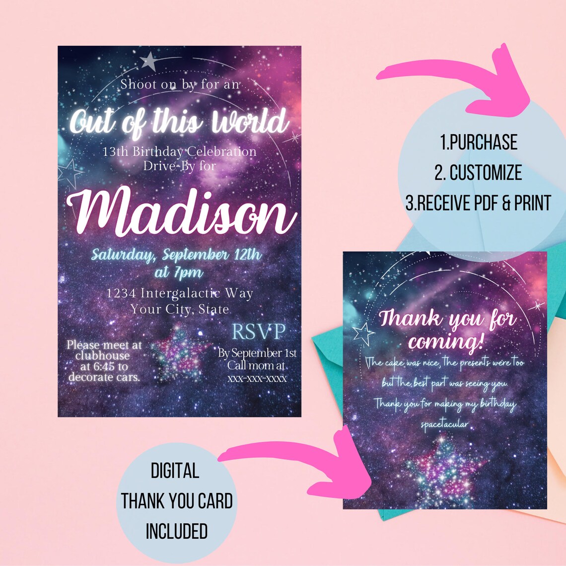 Galaxy SPACE GLOW Digital Invitation Birthday With Thank You Card - Etsy